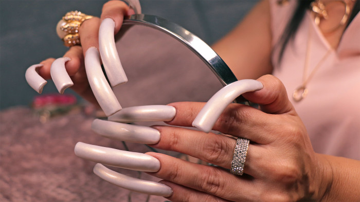 Photoshoot with pearlescent long manicure - Lora Long Nails