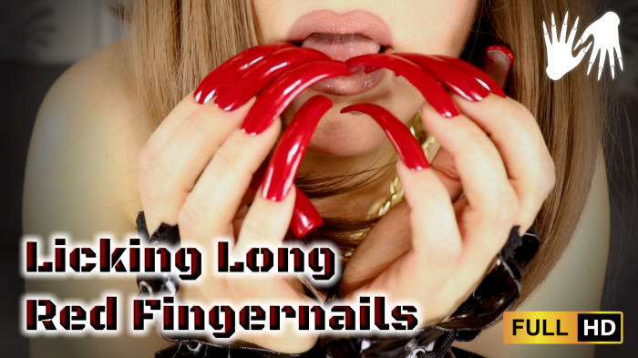 Licking Long Red Fingernails & Tapping with Nails - Lora Long Nails