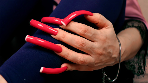 Long red toenails with white tips - Lora Long Nails